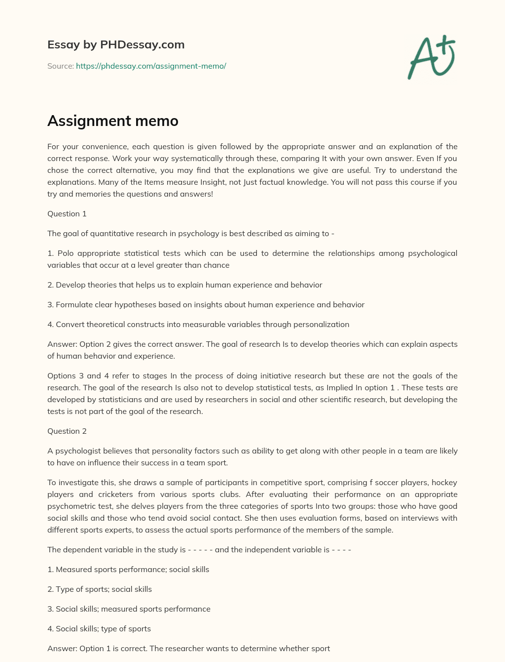 Assignment memo - PHDessay.com
