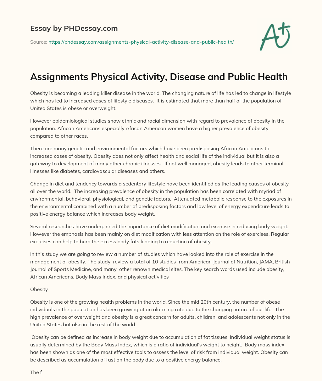 Assignments Physical Activity, Disease and Public Health (600 Words ...