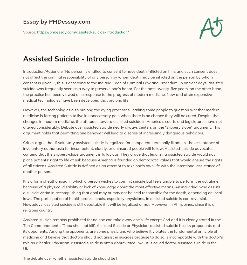 Assisted Suicide - Introduction - PHDessay.com