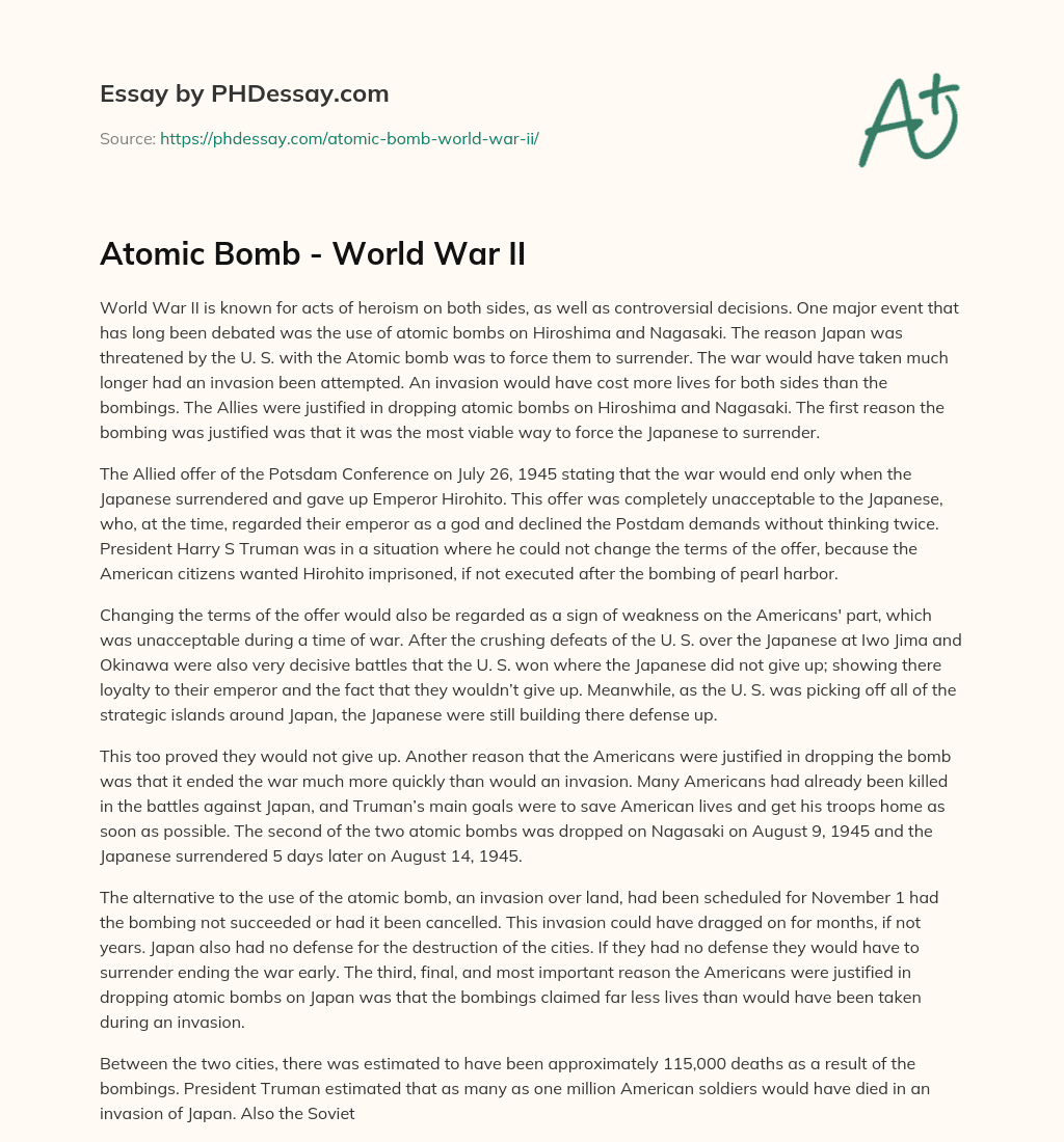 Atomic Bomb - World War II - PHDessay.com