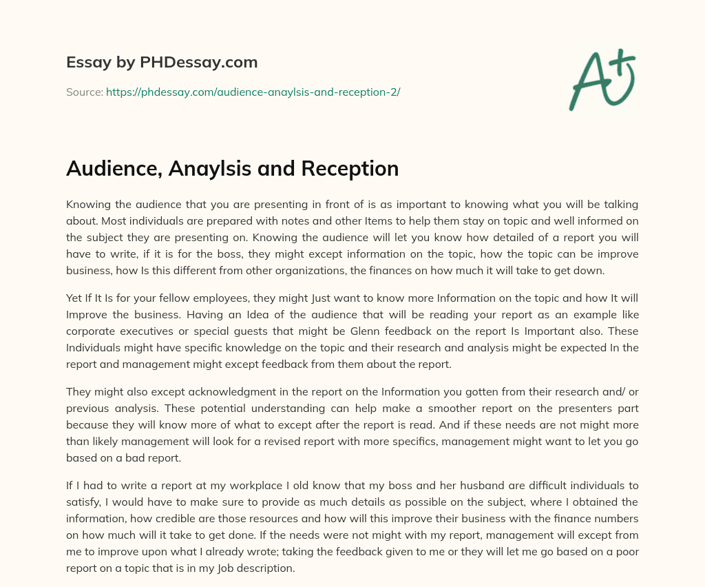 Audience, Anaylsis and Reception (400 Words) - PHDessay.com