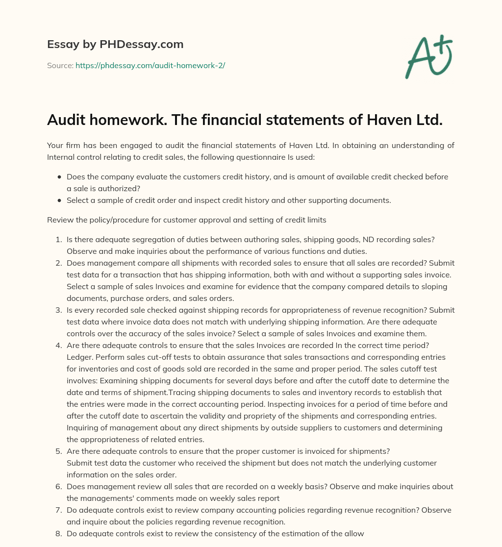 Audit homework. The financial statements of Haven Ltd. (600 Words ...