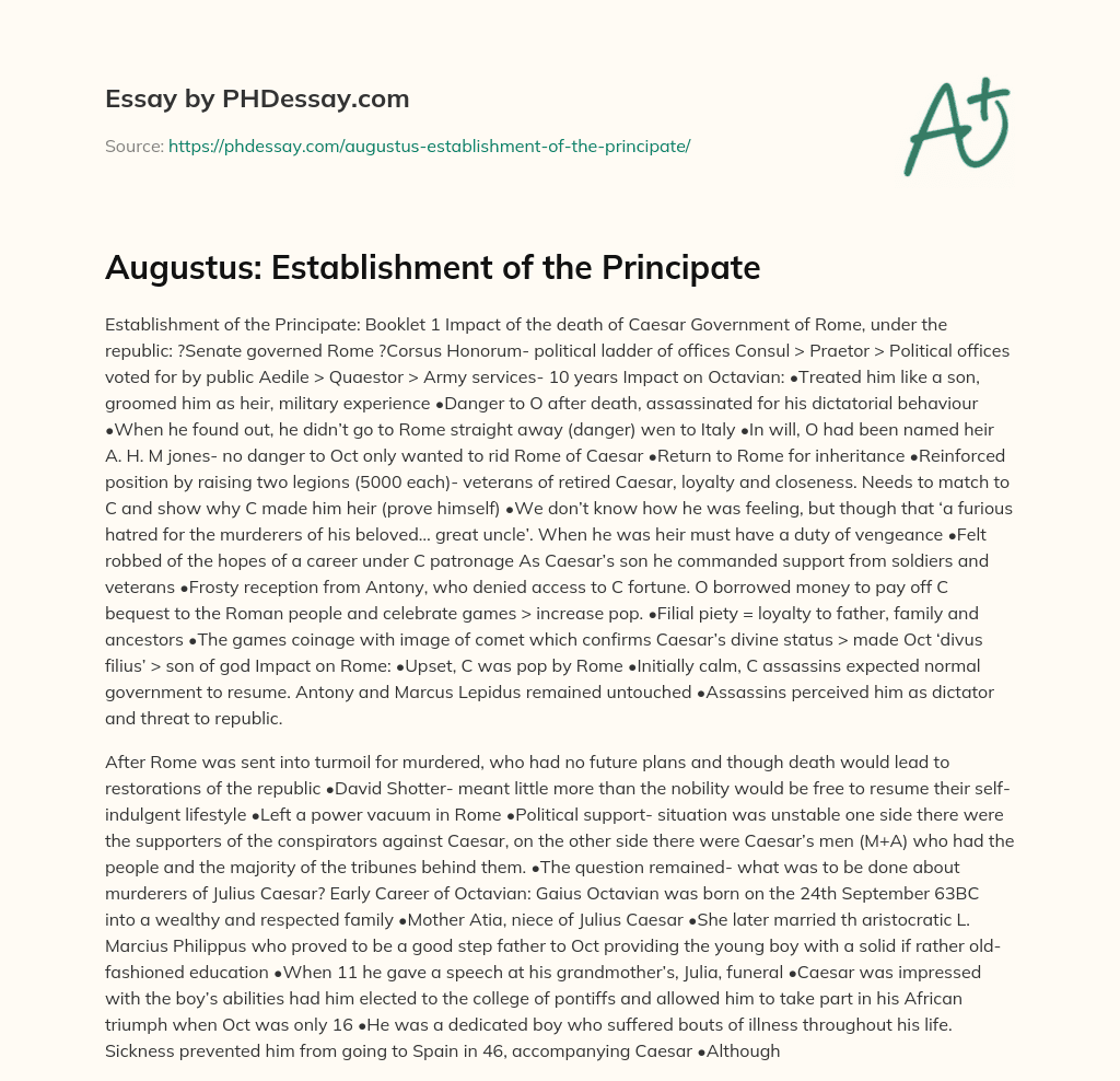 Augustus: Establishment of the Principate - PHDessay.com