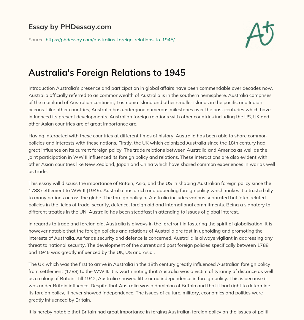 Australia's Foreign Relations to 1945 - PHDessay.com