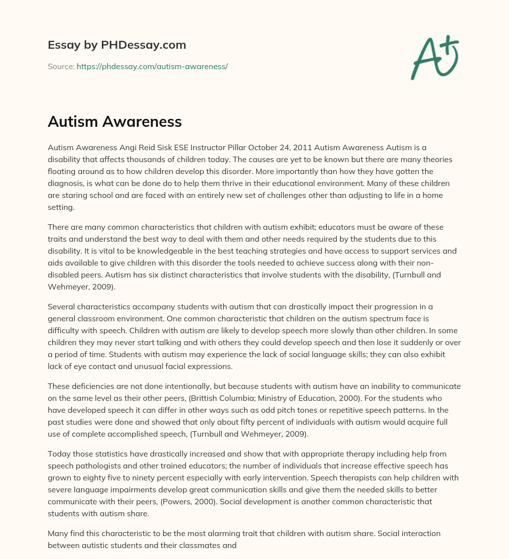 Autism Awareness Essay Example - PHDessay.com