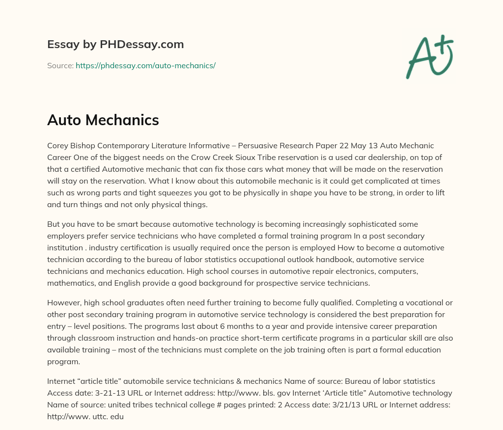 Auto Mechanics (300 Words) - PHDessay.com