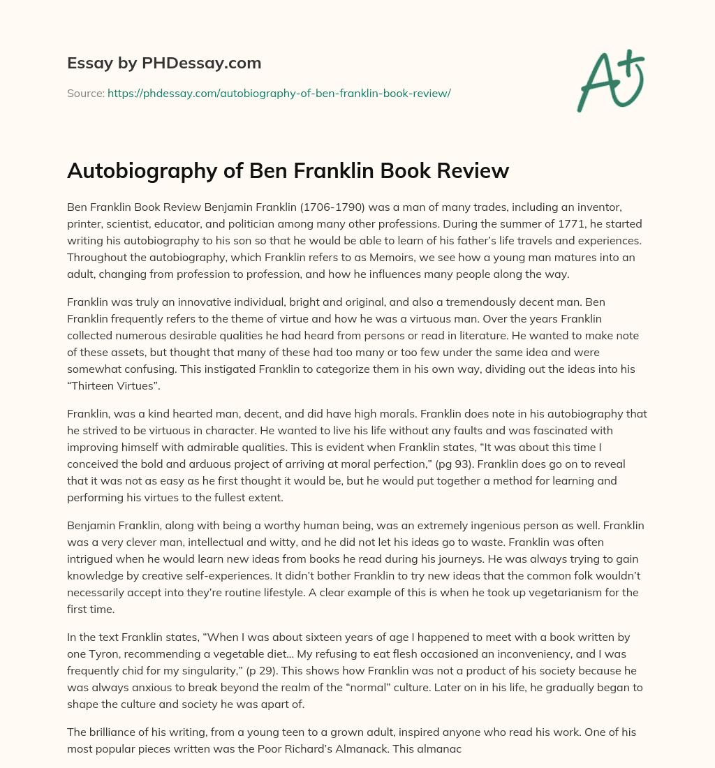 Autobiography of Ben Franklin Book Review - PHDessay.com