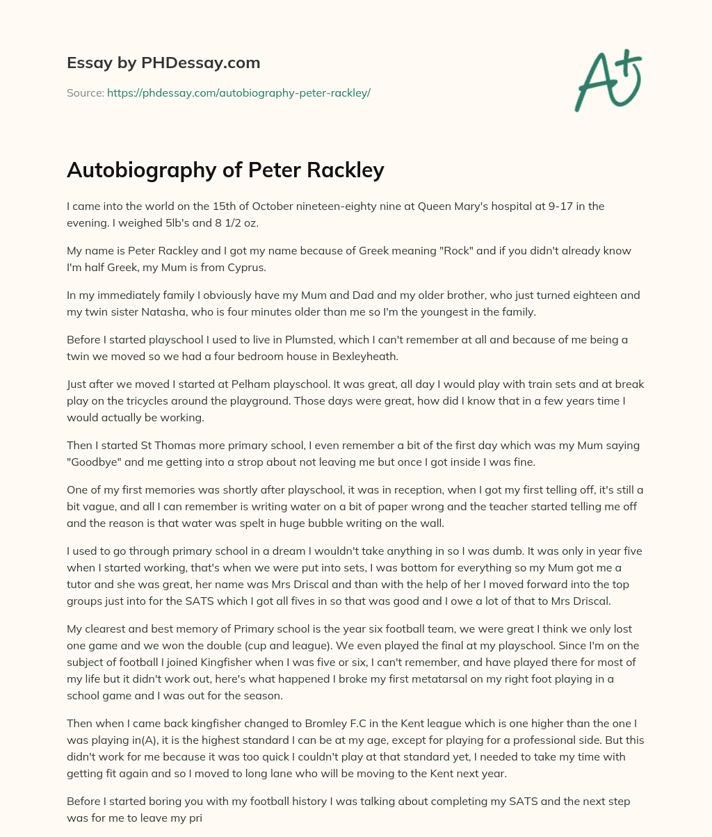 Autobiography of Peter Rackley - PHDessay.com