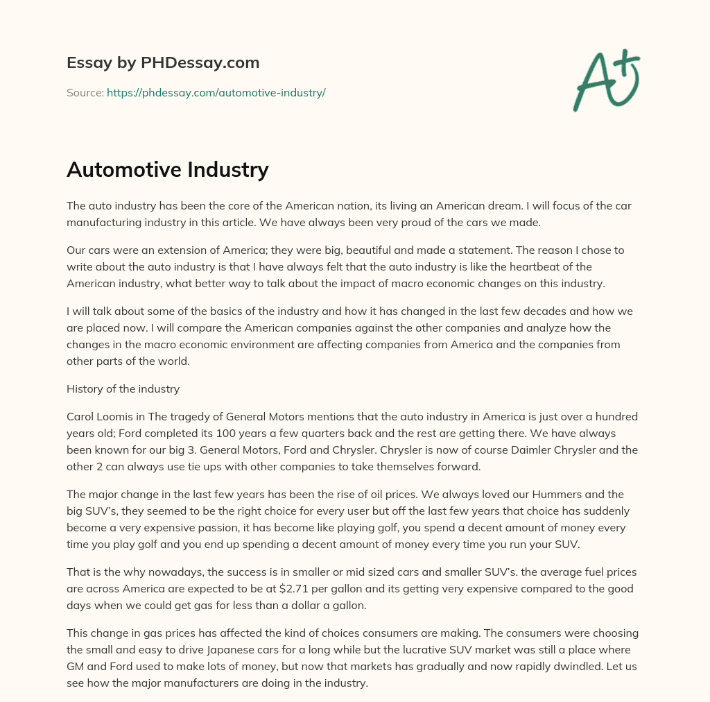Automotive Industry (500 Words) - PHDessay.com
