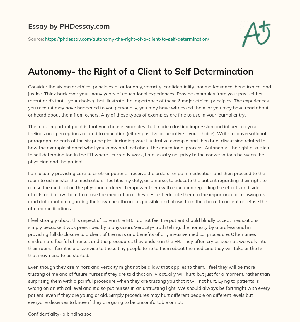 Autonomy- the Right of a Client to Self Determination - PHDessay.com