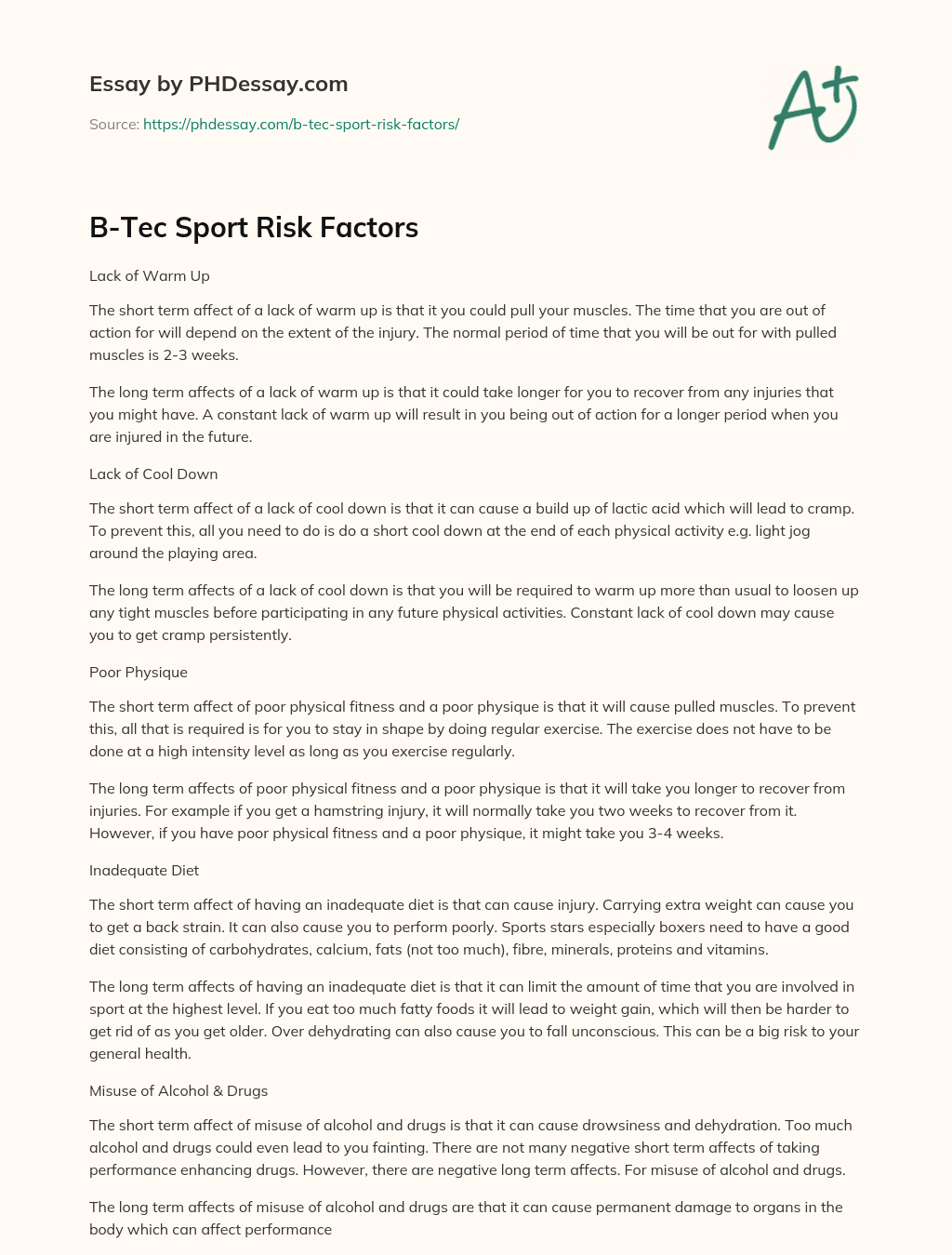 B-Tec Sport Risk Factors - PHDessay.com