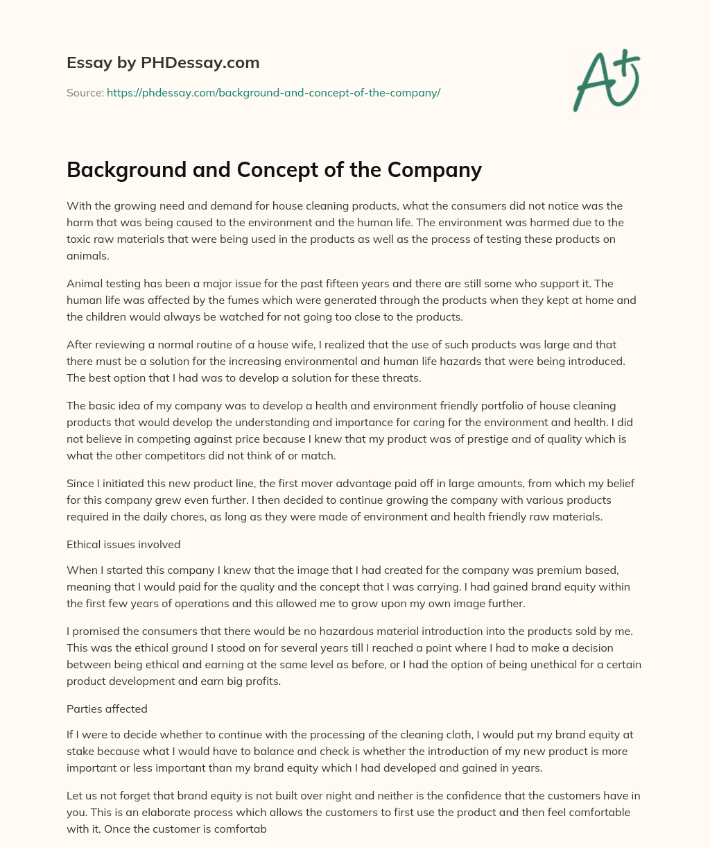 Background and Concept of the Company - PHDessay.com