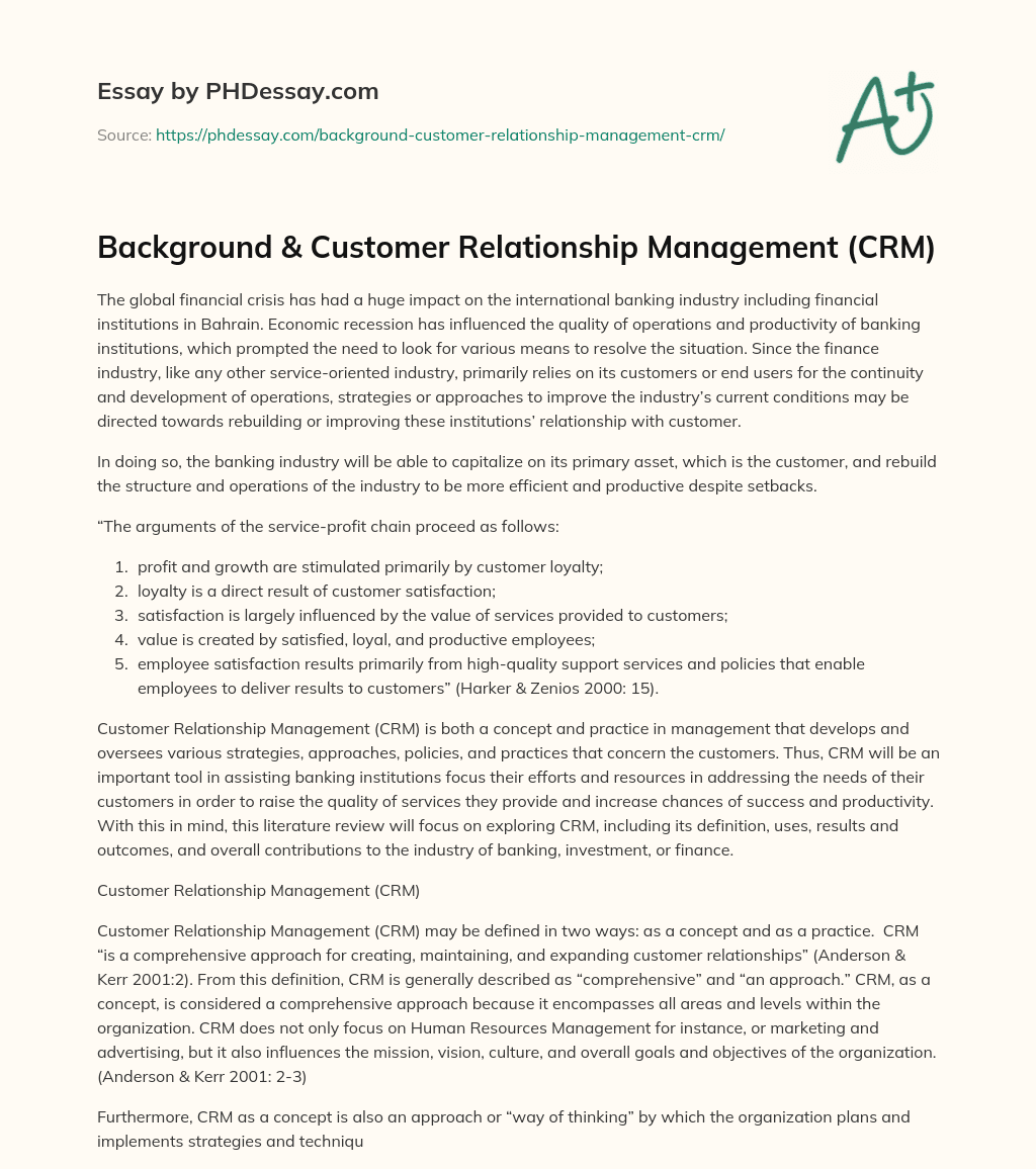 Background & Customer Relationship Management (CRM) (600 Words ...