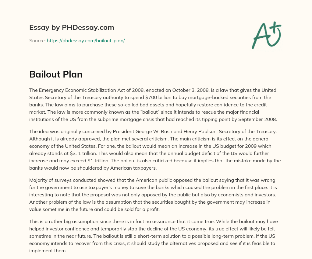 Bailout Plan (400 Words) - PHDessay.com