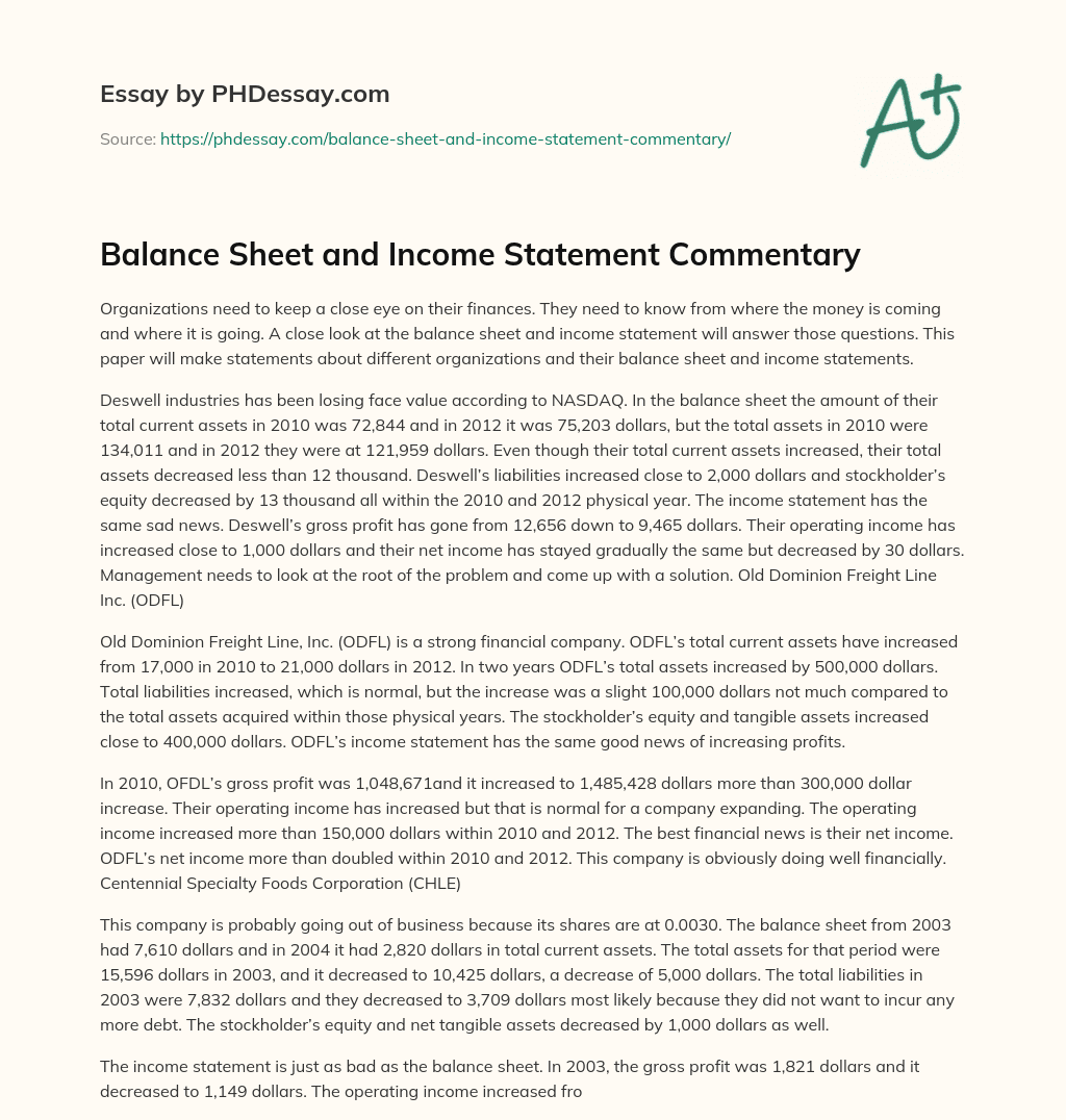 Balance Sheet and Income Statement Commentary - PHDessay.com