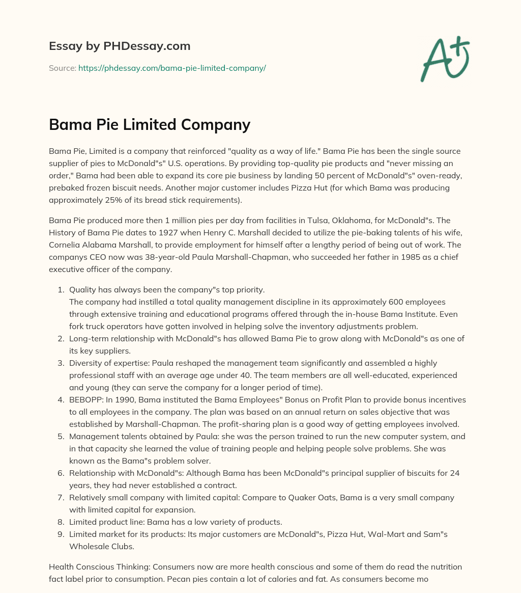 Bama Pie Limited Company - PHDessay.com