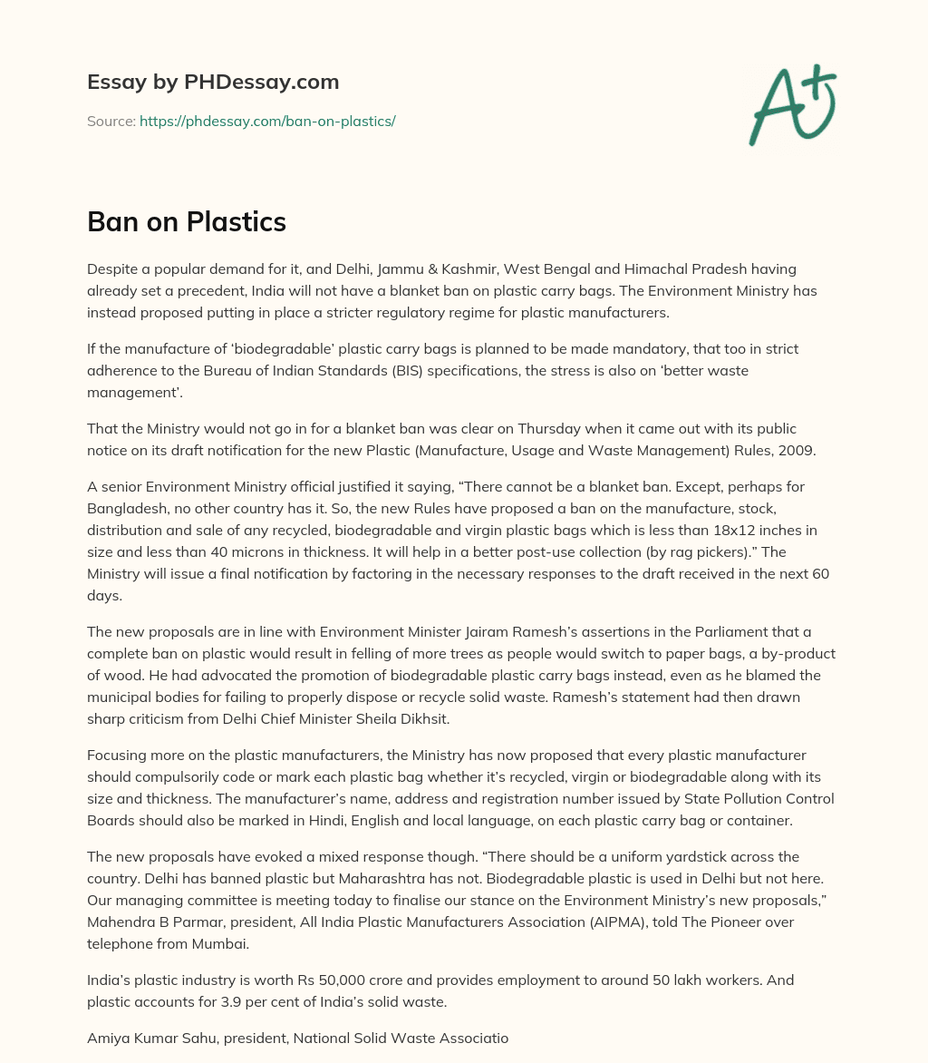 Ban on Plastics (500 Words) - PHDessay.com