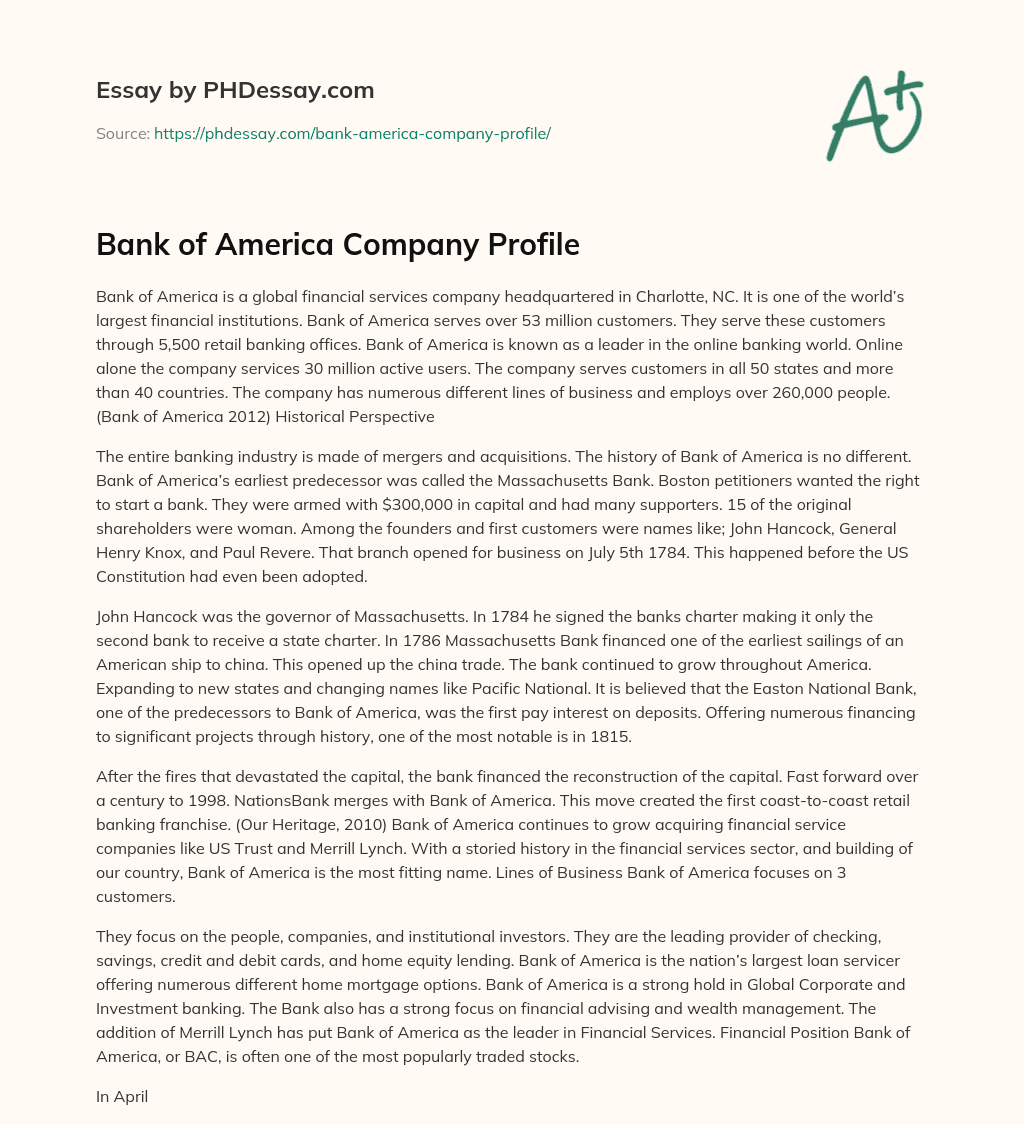Bank of America Company Profile - PHDessay.com