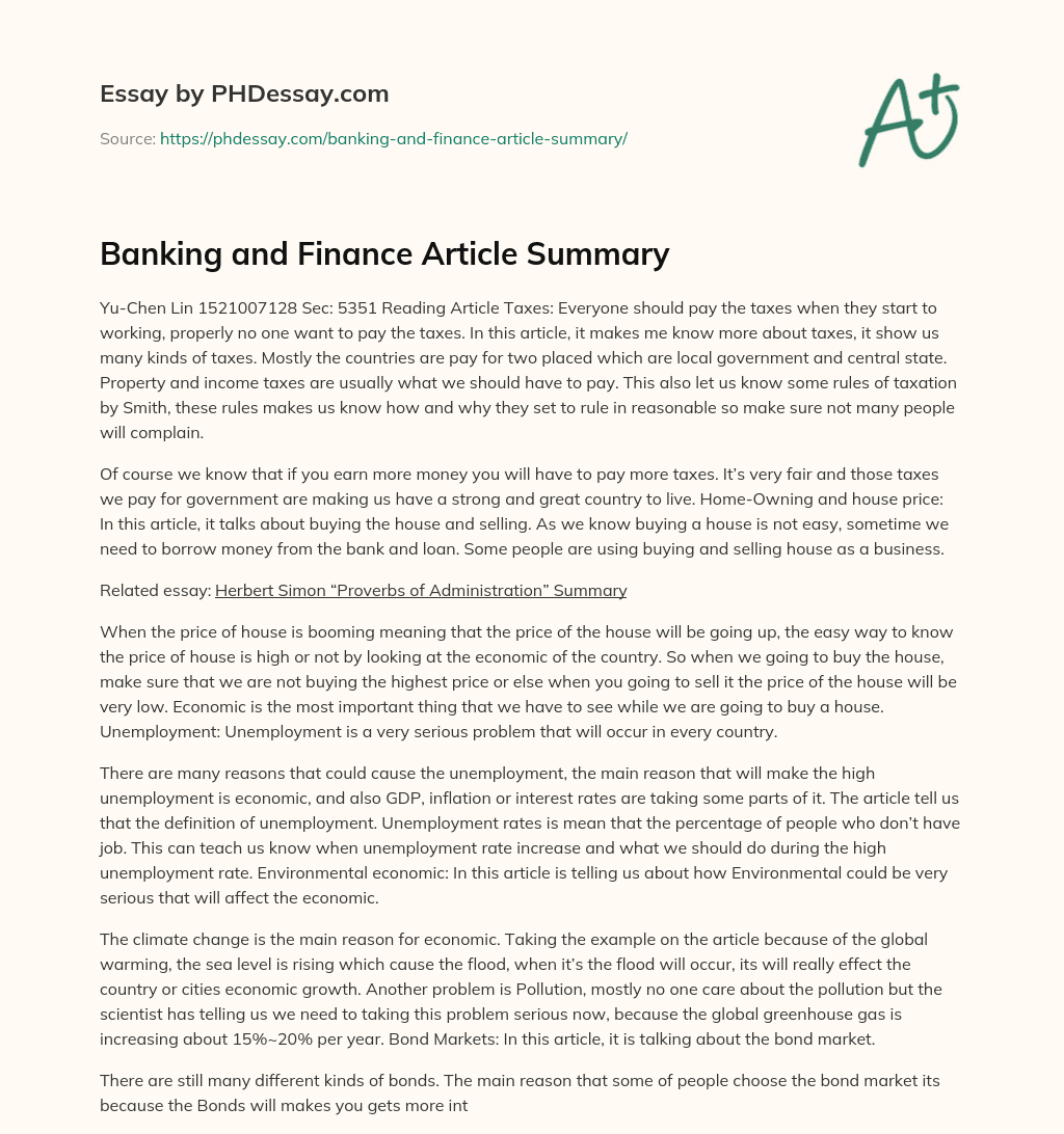 Banking and Finance Article Summary (600 Words) - PHDessay.com