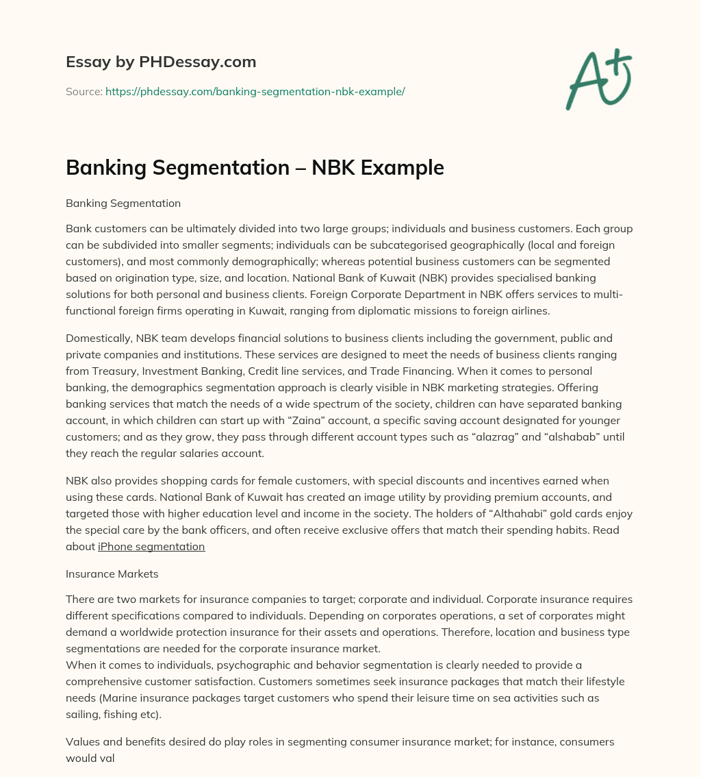 Banking Segmentation – NBK Example (500 Words) - PHDessay.com