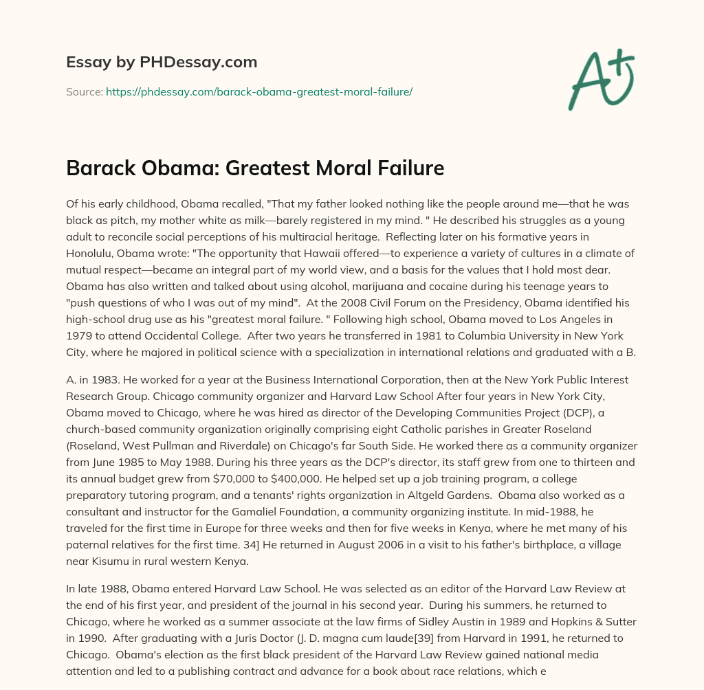 Barack Obama: Greatest Moral Failure - PHDessay.com