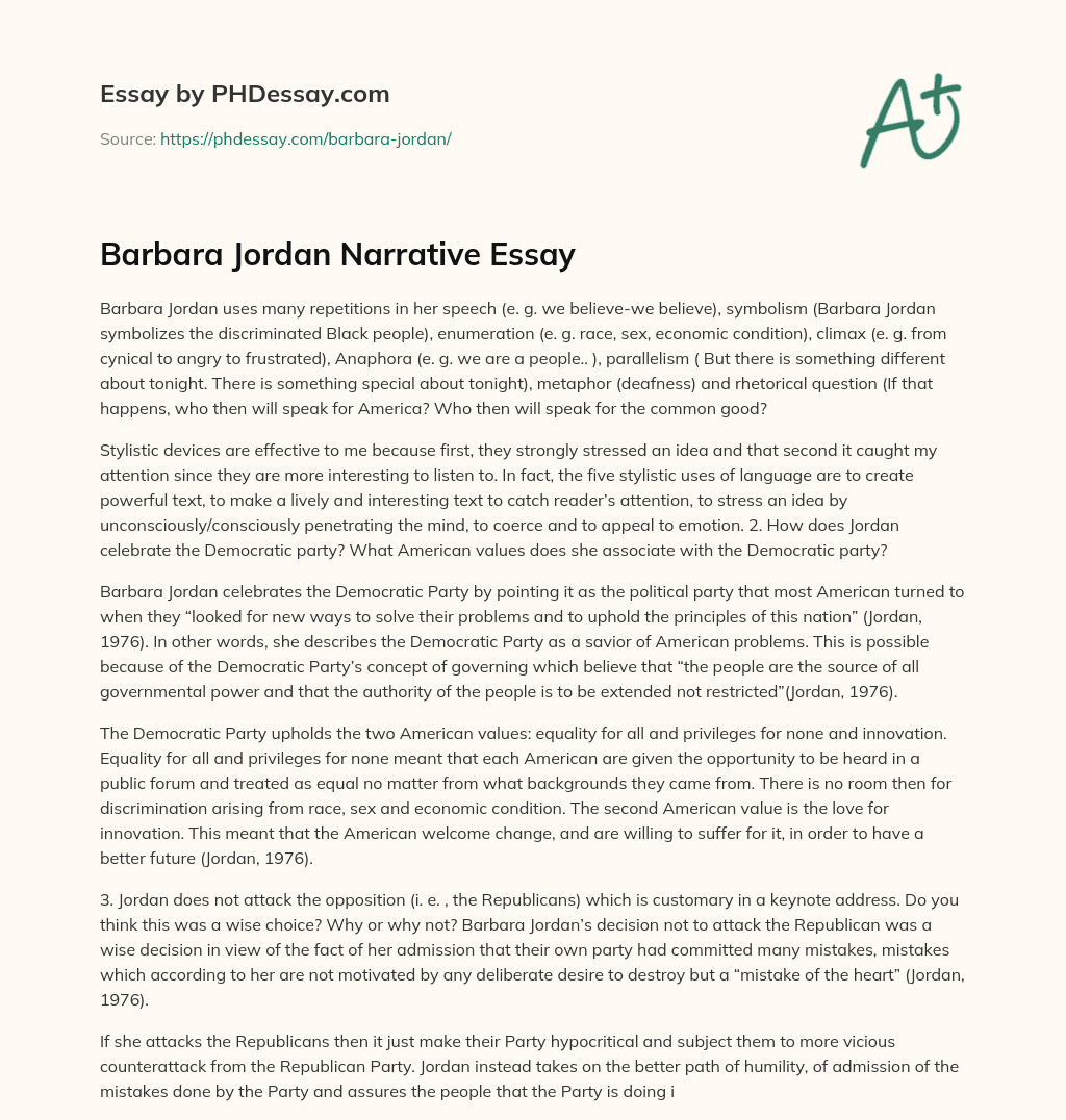 Barbara Jordan Narrative Essay (600 Words) - PHDessay.com