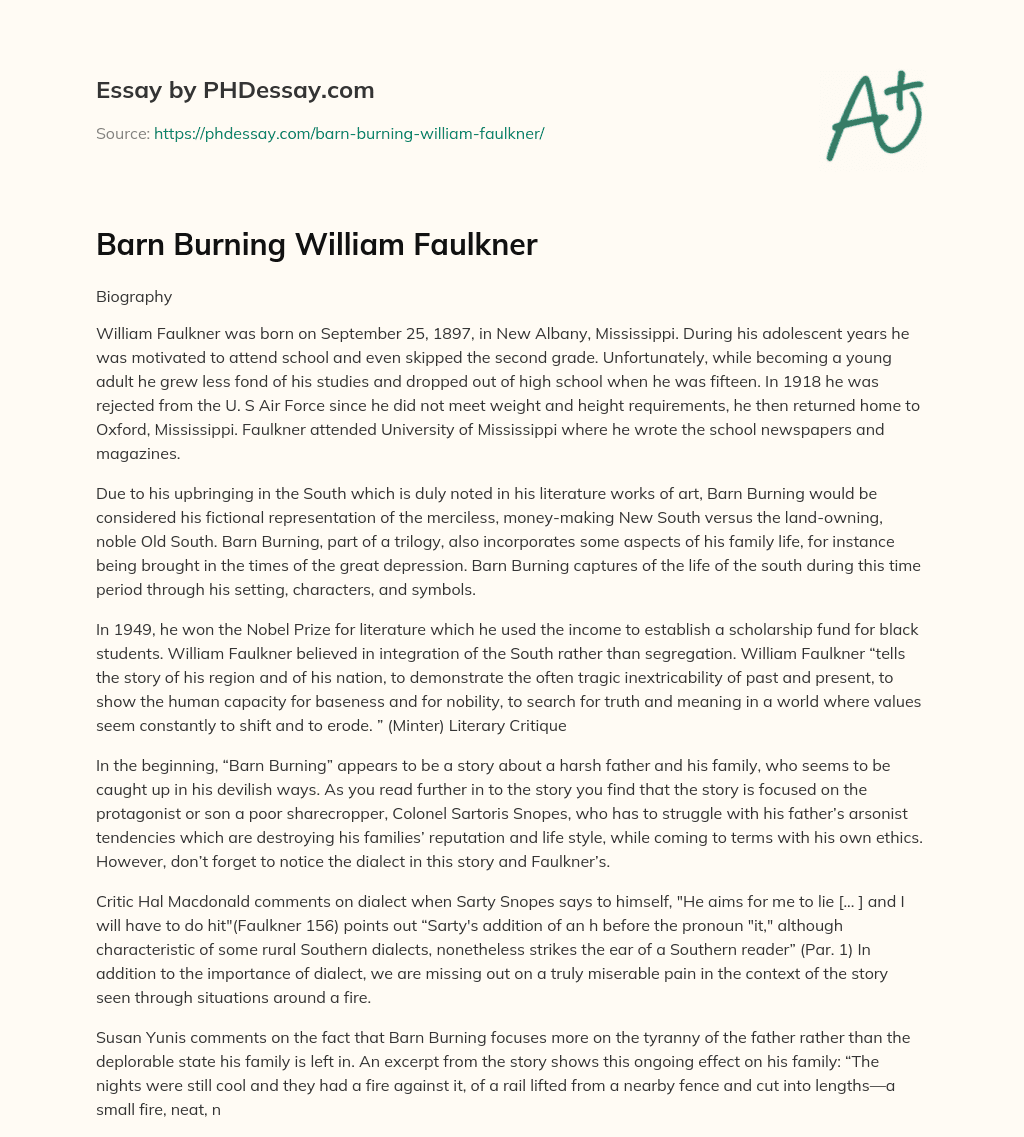 Barn Burning William Faulkner Summary Essay Example PHDessay