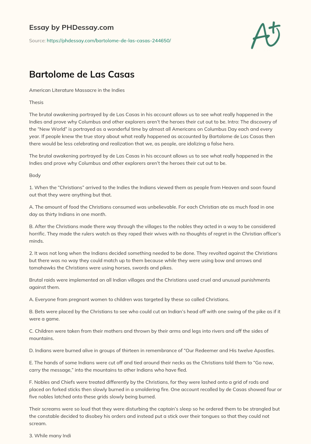 Bartolome de Las Casas (500 Words) - PHDessay.com
