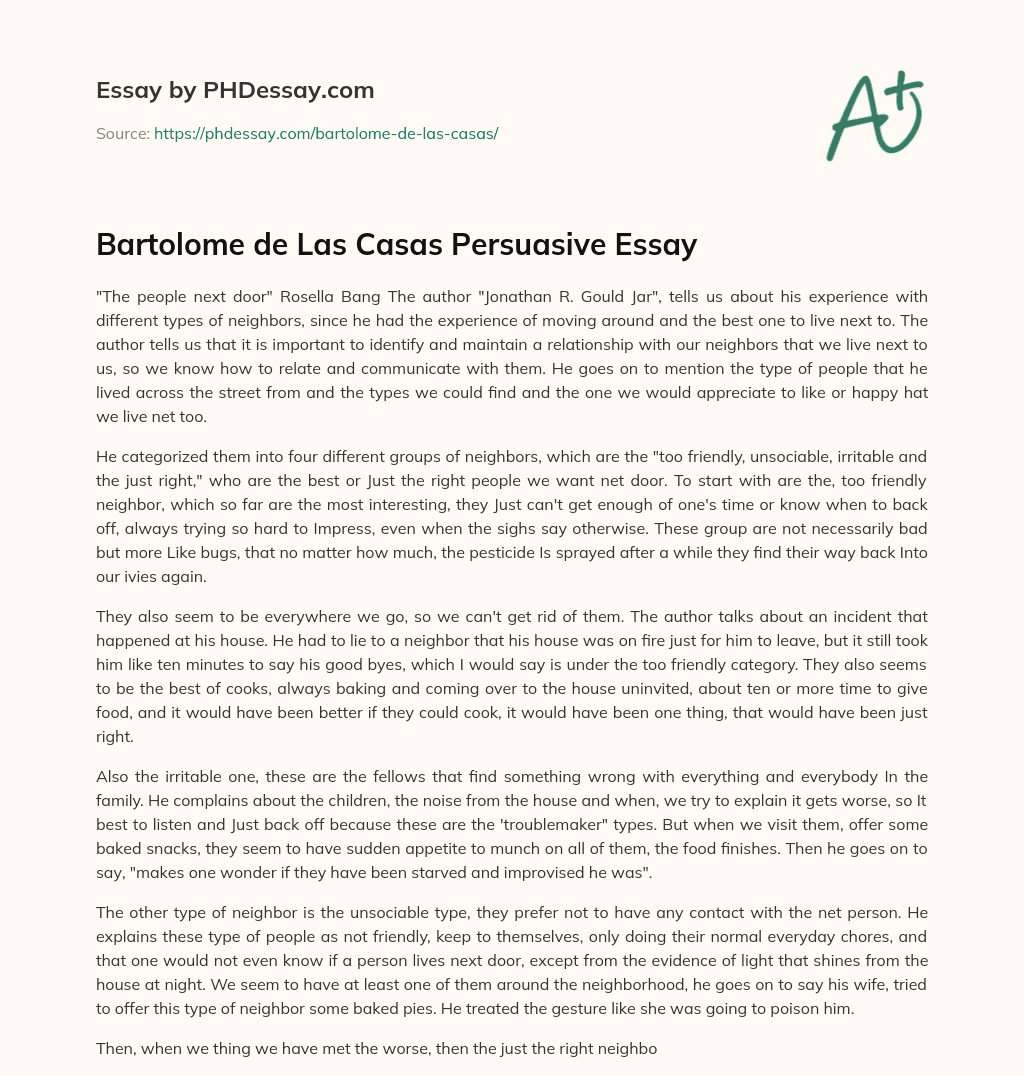 Bartolome de Las Casas Persuasive Essay (600 Words) - PHDessay.com