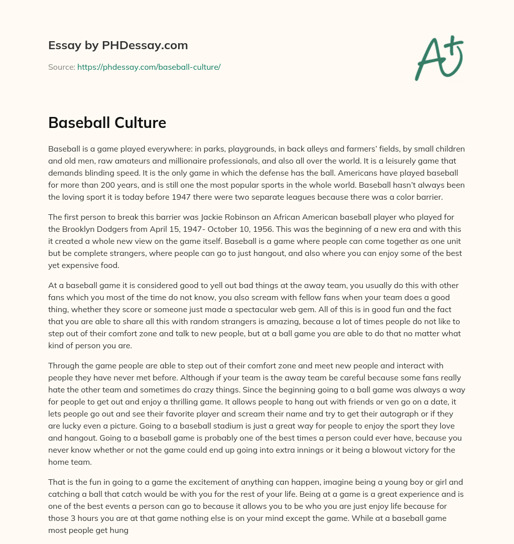 Baseball Culture - PHDessay.com