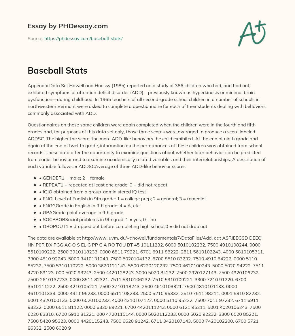 Baseball Stats (500 Words) - PHDessay.com