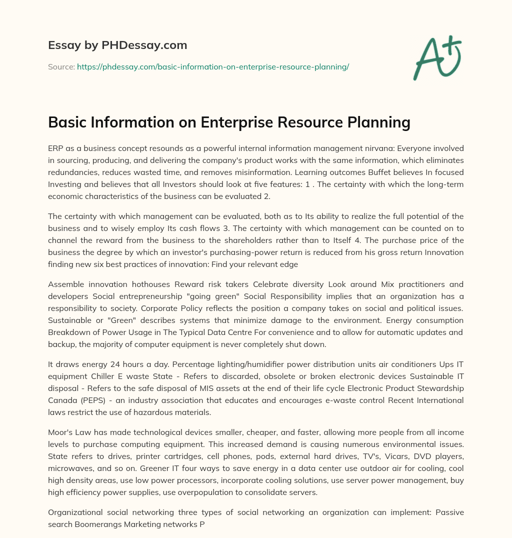Basic Information on Enterprise Resource Planning - PHDessay.com