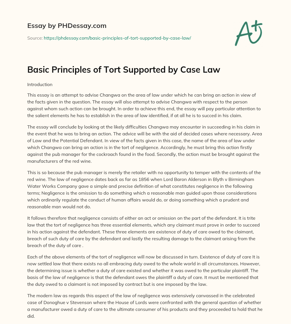 Basic Principles of Tort Supported by Case Law - PHDessay.com