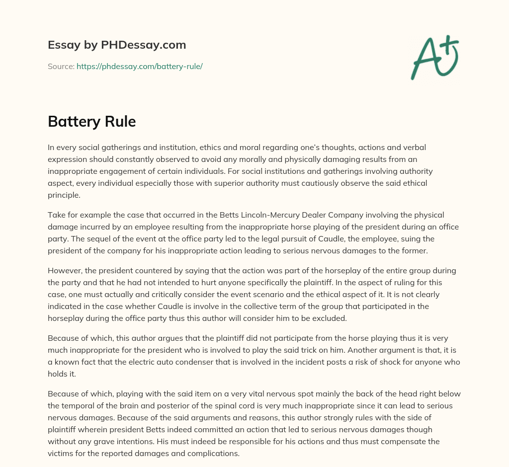 Battery Rule (400 Words) - PHDessay.com