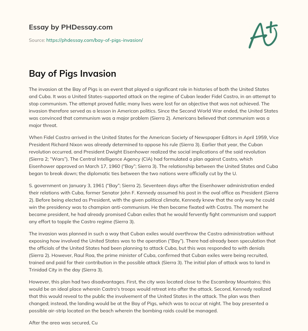 Bay Of Pigs Invasion Essay Example - PHDessay.com