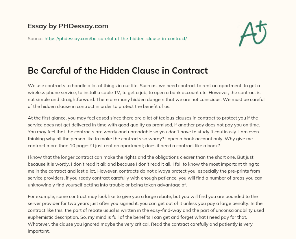 Be Careful of the Hidden Clause in Contract (400 Words) - PHDessay.com
