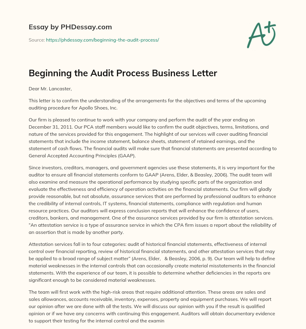 Beginning the Audit Process Business Letter - PHDessay.com