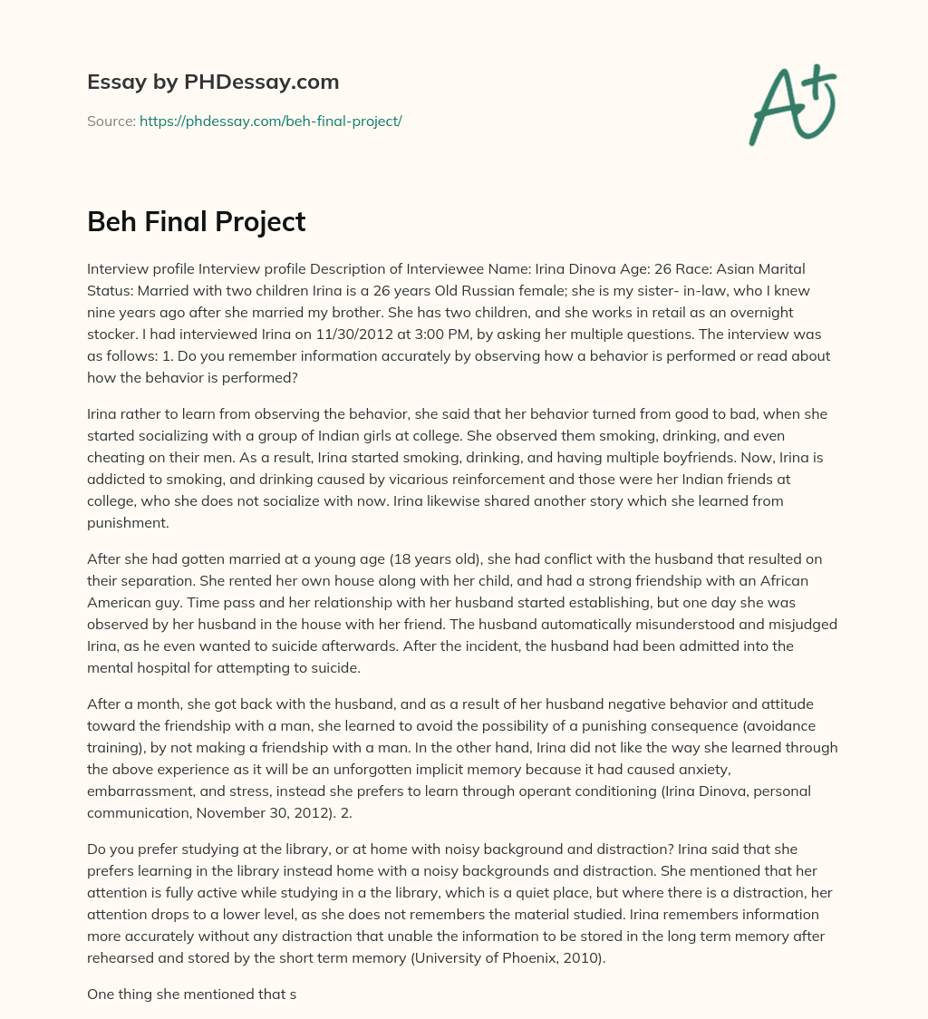 Beh Final Project - PHDessay.com