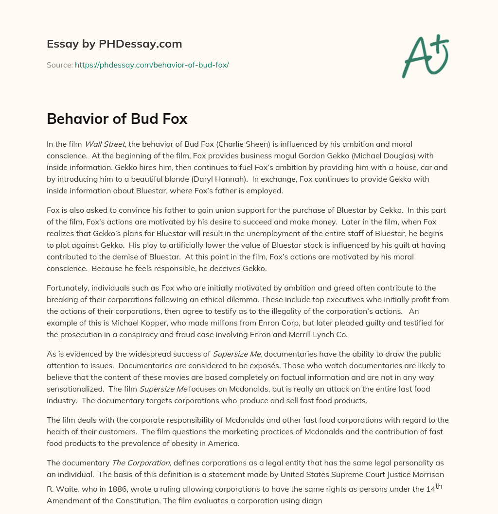 Behavior of Bud Fox - PHDessay.com