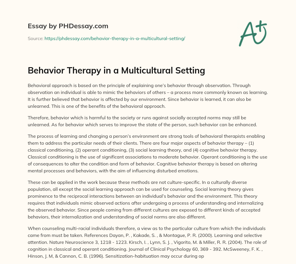 Behavior Therapy in a Multicultural Setting (400 Words) - PHDessay.com