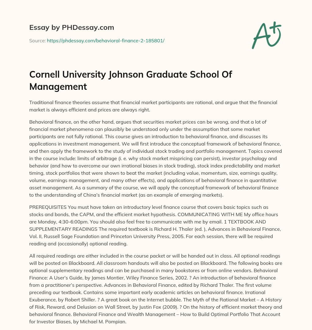 Cornell University Johnson Graduate School Of Management - PHDessay.com