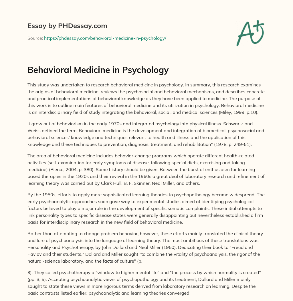 Behavioral Medicine in Psychology - PHDessay.com