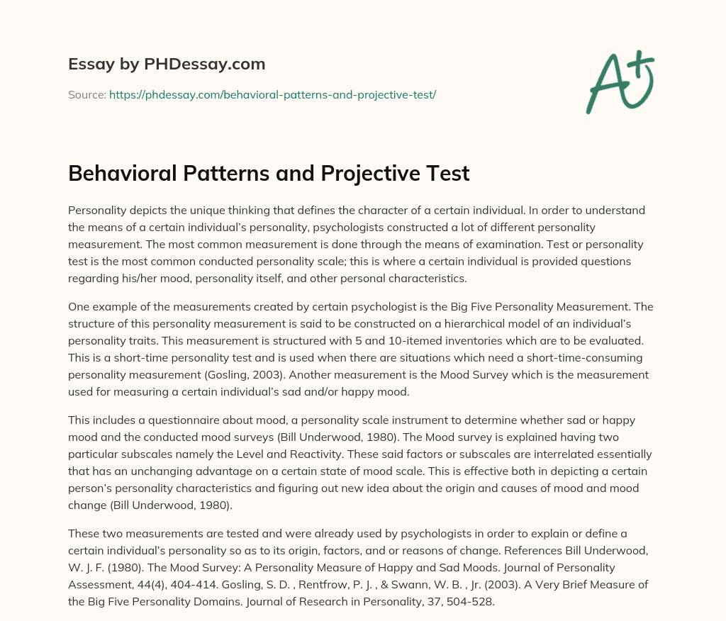 Behavioral Patterns and Projective Test (300 Words) - PHDessay.com