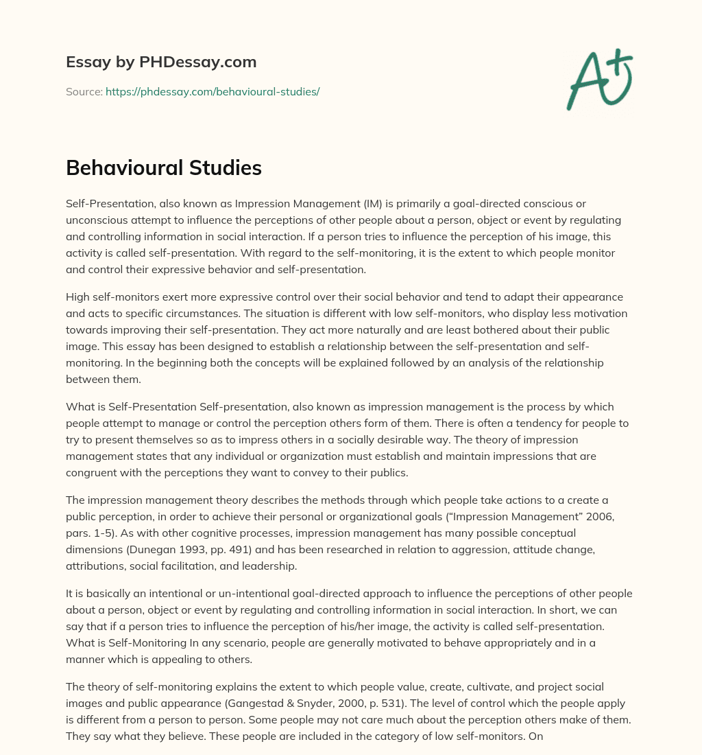 Behavioural Studies - PHDessay.com