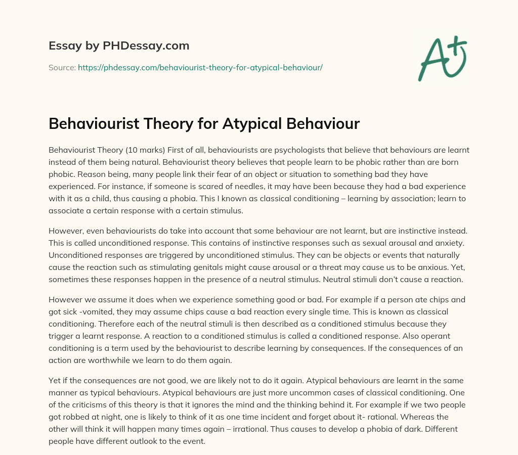 Behaviourist Theory for Atypical Behaviour (400 Words) - PHDessay.com