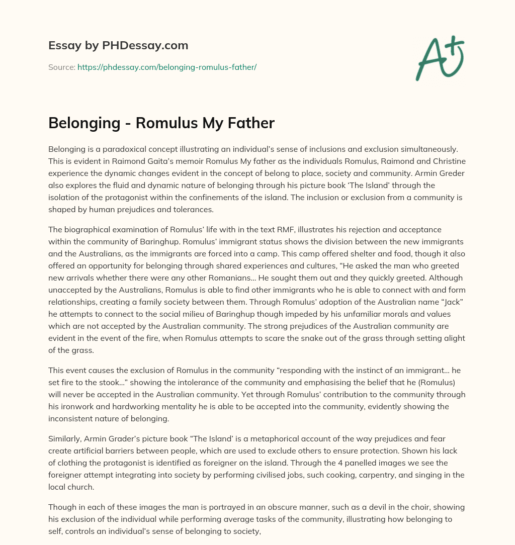 Belonging - Romulus My Father - PHDessay.com