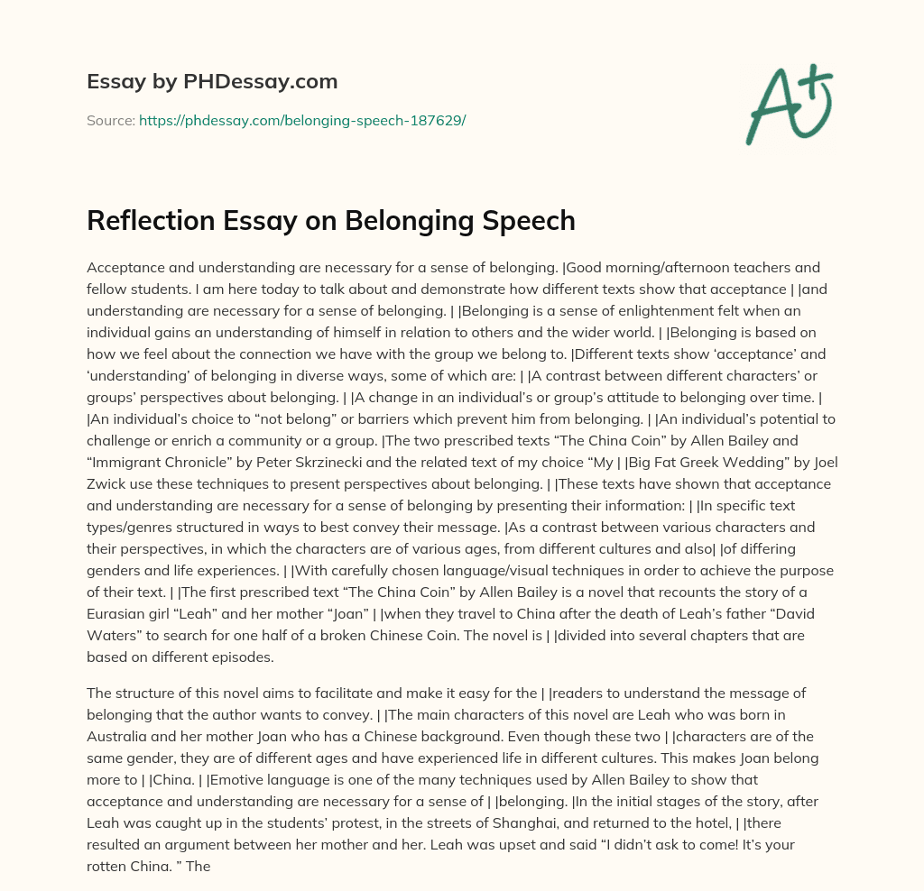 Reflection Essay on Belonging Speech - PHDessay.com