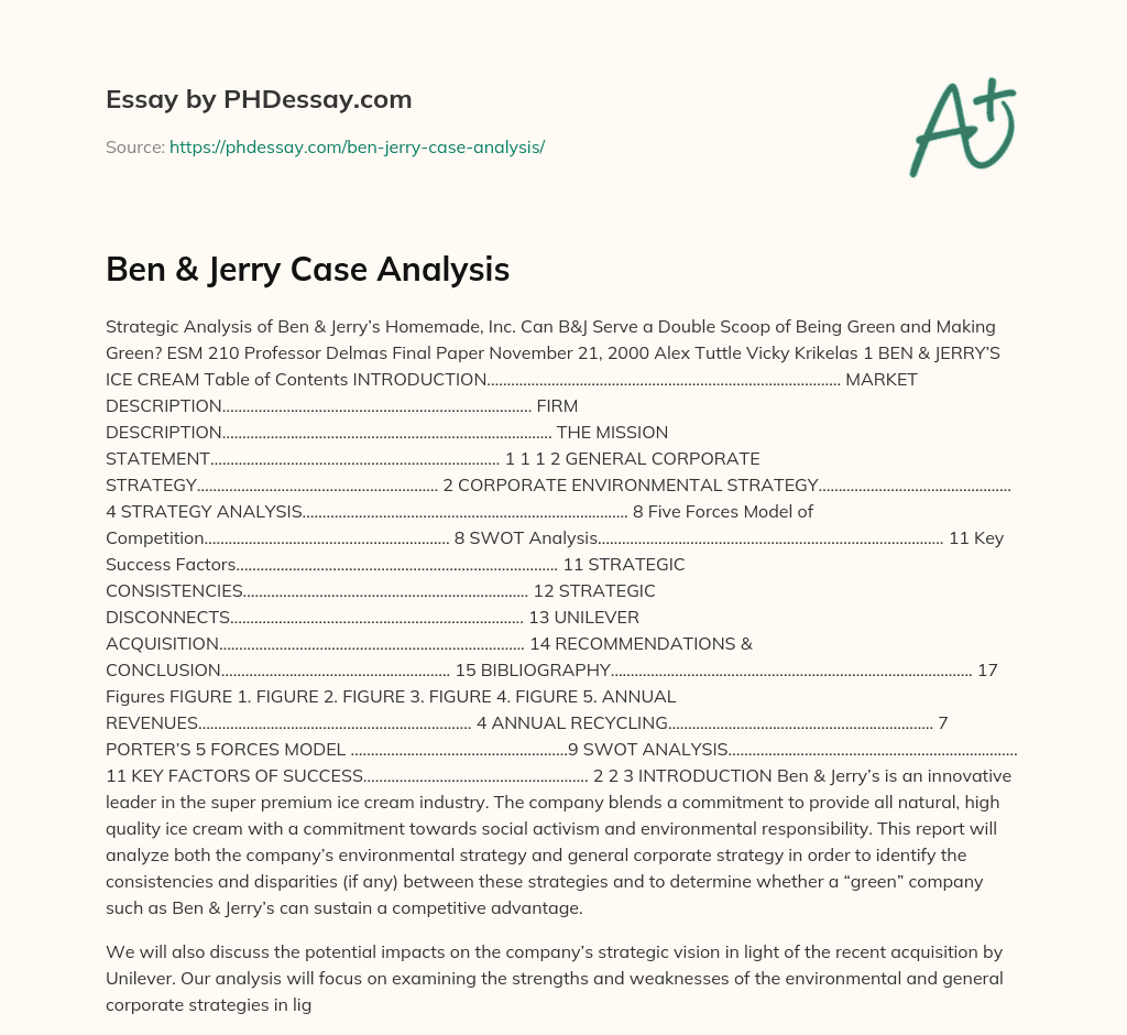 Ben & Jerry Case Analysis Case Study And Summary Example - PHDessay.com