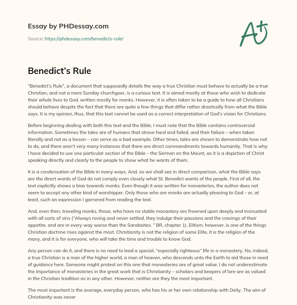 Benedict’s Rule - PHDessay.com