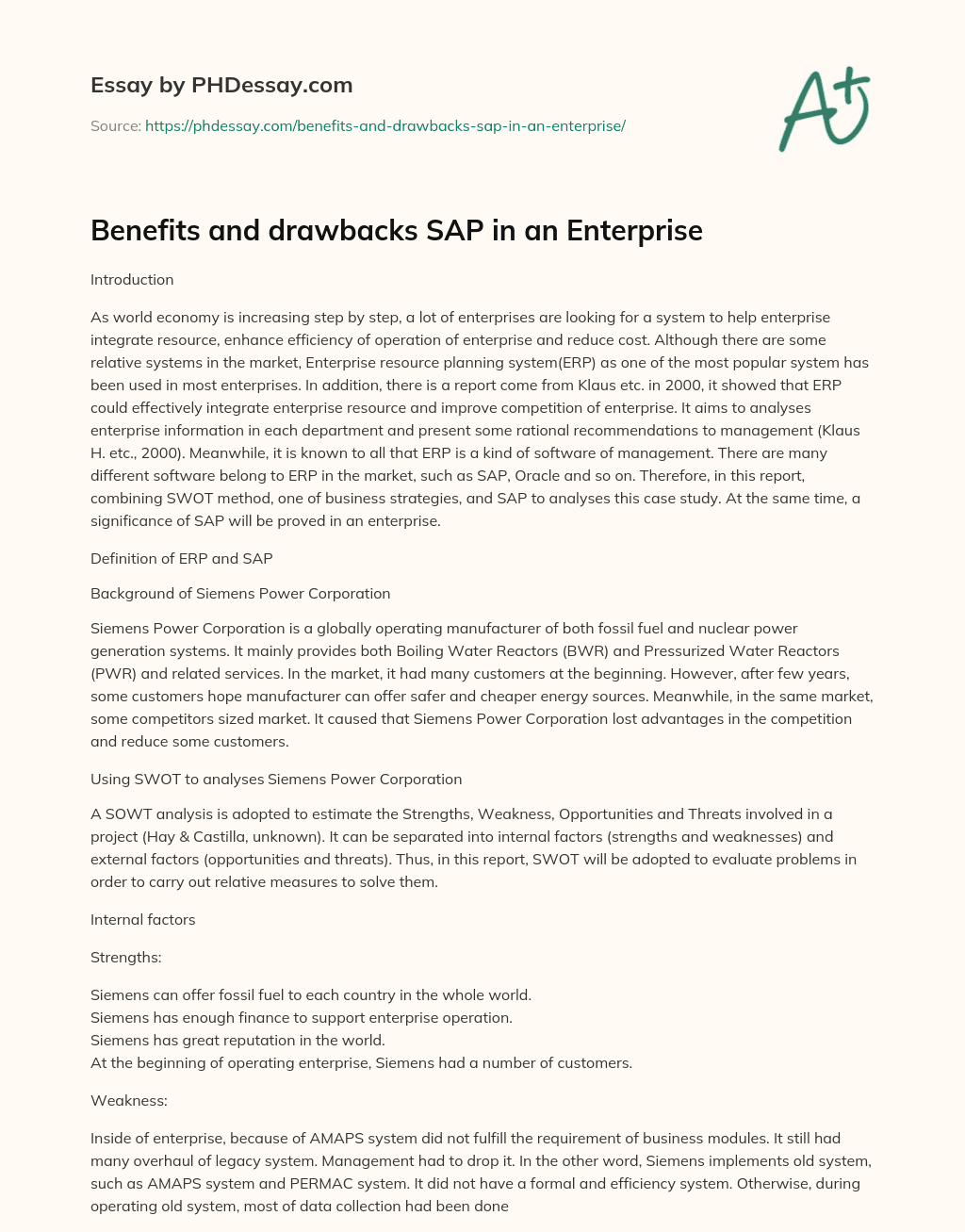 Benefits and drawbacks SAP in an Enterprise - PHDessay.com